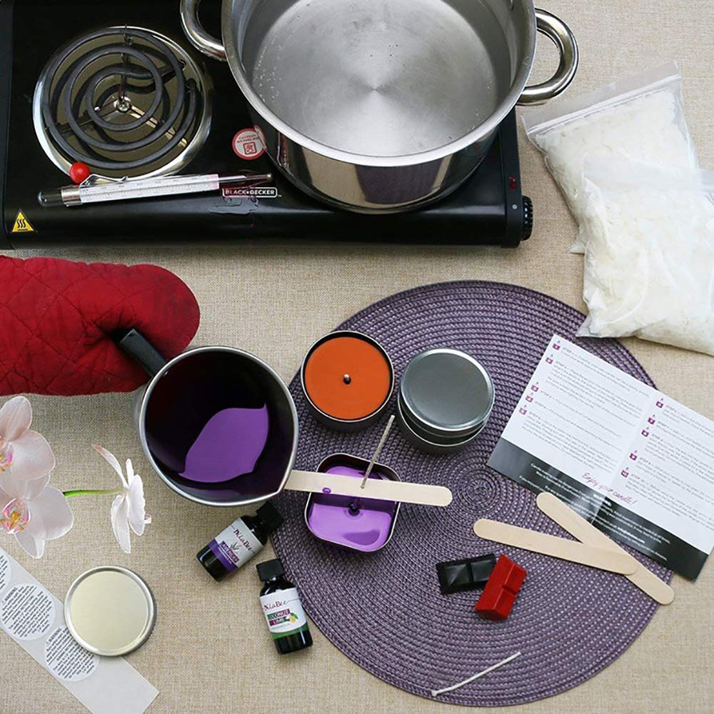 DIY Candle Making Kit, Candle Making Pouring Pot Wax Melting Pot Pouring Pitcher for Making Candles, Soap, Chocolate, with 50 Pieces Candle Wicks, Spoon and Candle Wicks Holder