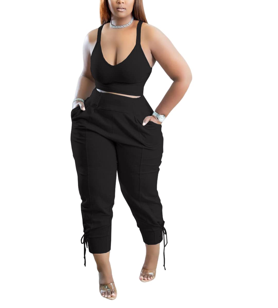 Ekaliy Women's Casual Two Piece Outfit Low Cut V Neck Top and Long Pants Tracksuit Joggers Sets