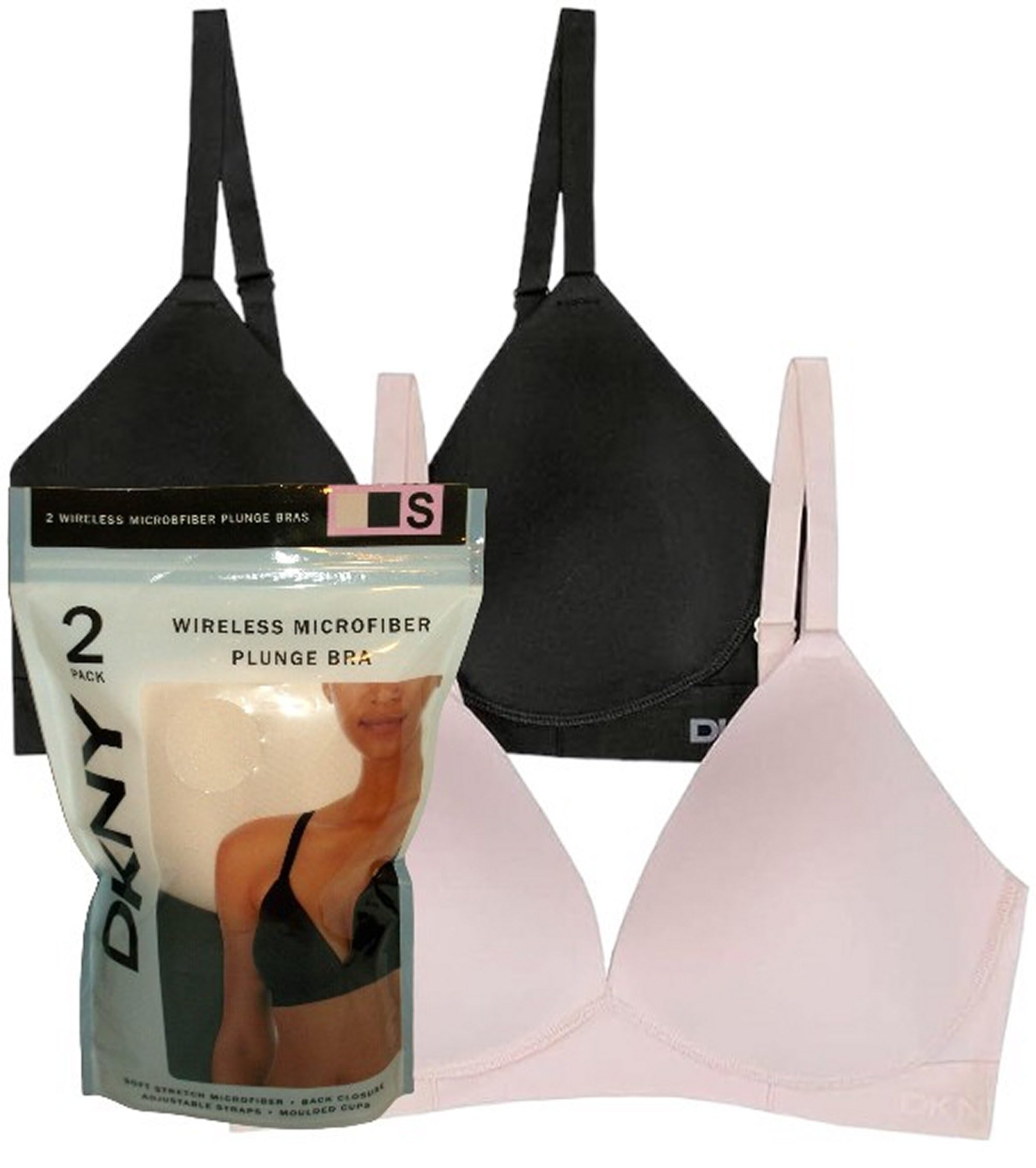 DKNY Ladies 2 Pack Wireless Microfiber Plunge Bra (as1, Alpha, s, Regular, Regular, Standard, Black/Ballerina, S)