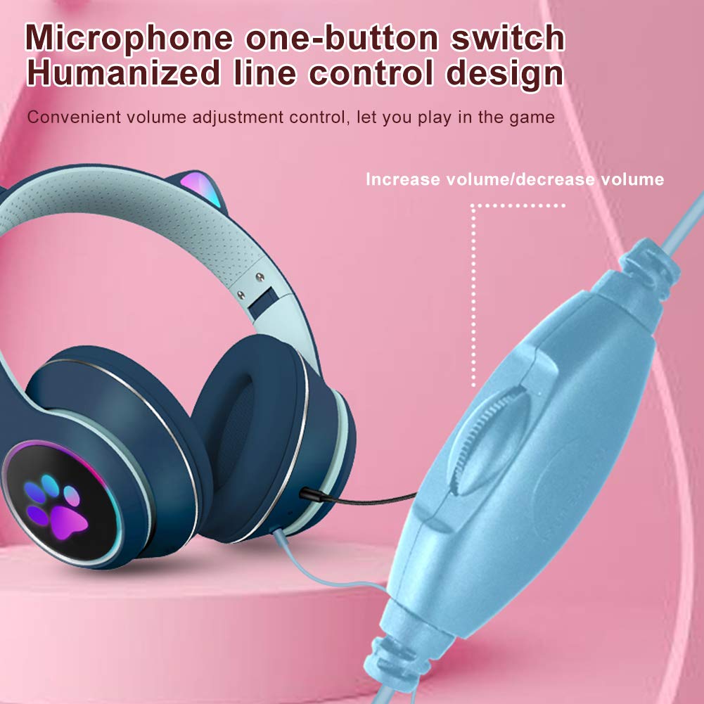 EKDJKK Cat Ear Bluetooth Headphones Foldable Wireless LED Light Up Foldable Headphones HiFi 3.5MM Noise Reduction Headphones Computer Gaming Headset with Microphone and Volume Control