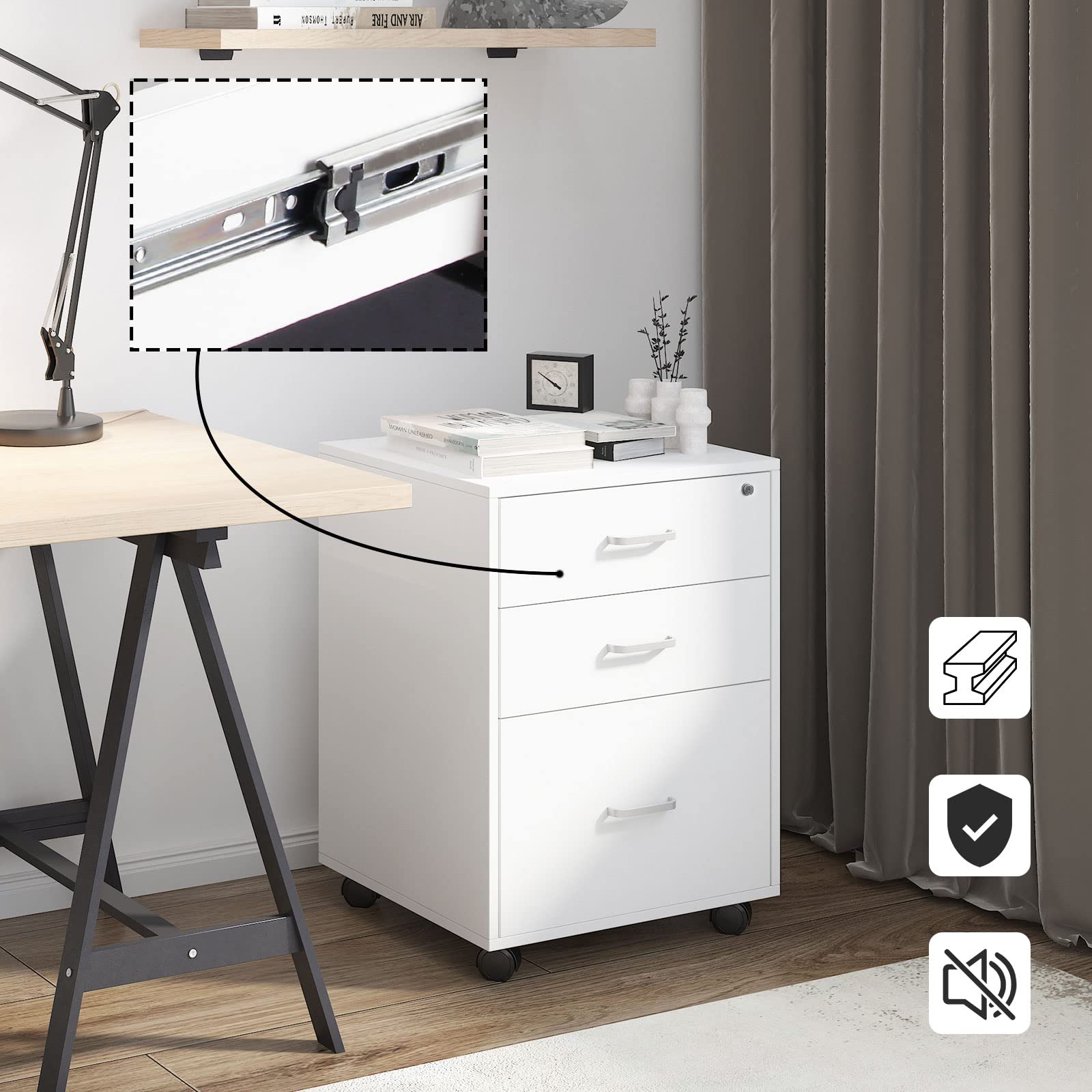 DlandHome Cabinet with Wheels 3 Drawer File, Mobile Rolling Filing Cabinet Filing Cabinet (OneSize, White)