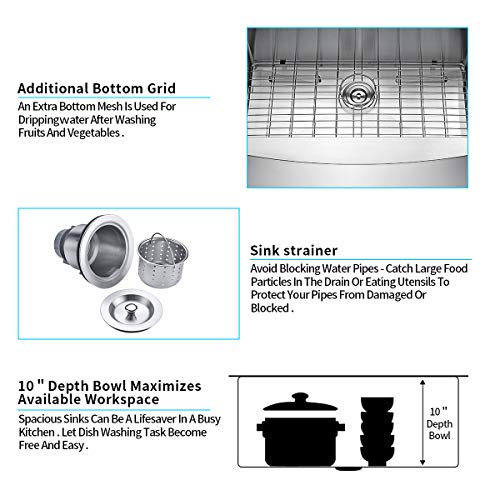 Keonjinn Kitchen Sink, 33-inch Apron-front Farmhouse 16 Gauge Stainless Steel Single Bowl