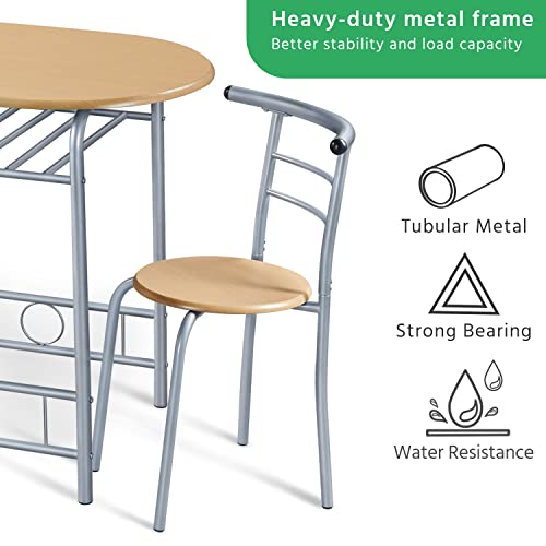 Yaheetech 3 Piece Round Dining Table Set Kitchen Breakfast Table Set for 2 Dining Table with 2 Chairs Space Saving Table Set w/Metal Frame, Wine Rack for Small Space/Dining Room/Apartment, Natural
