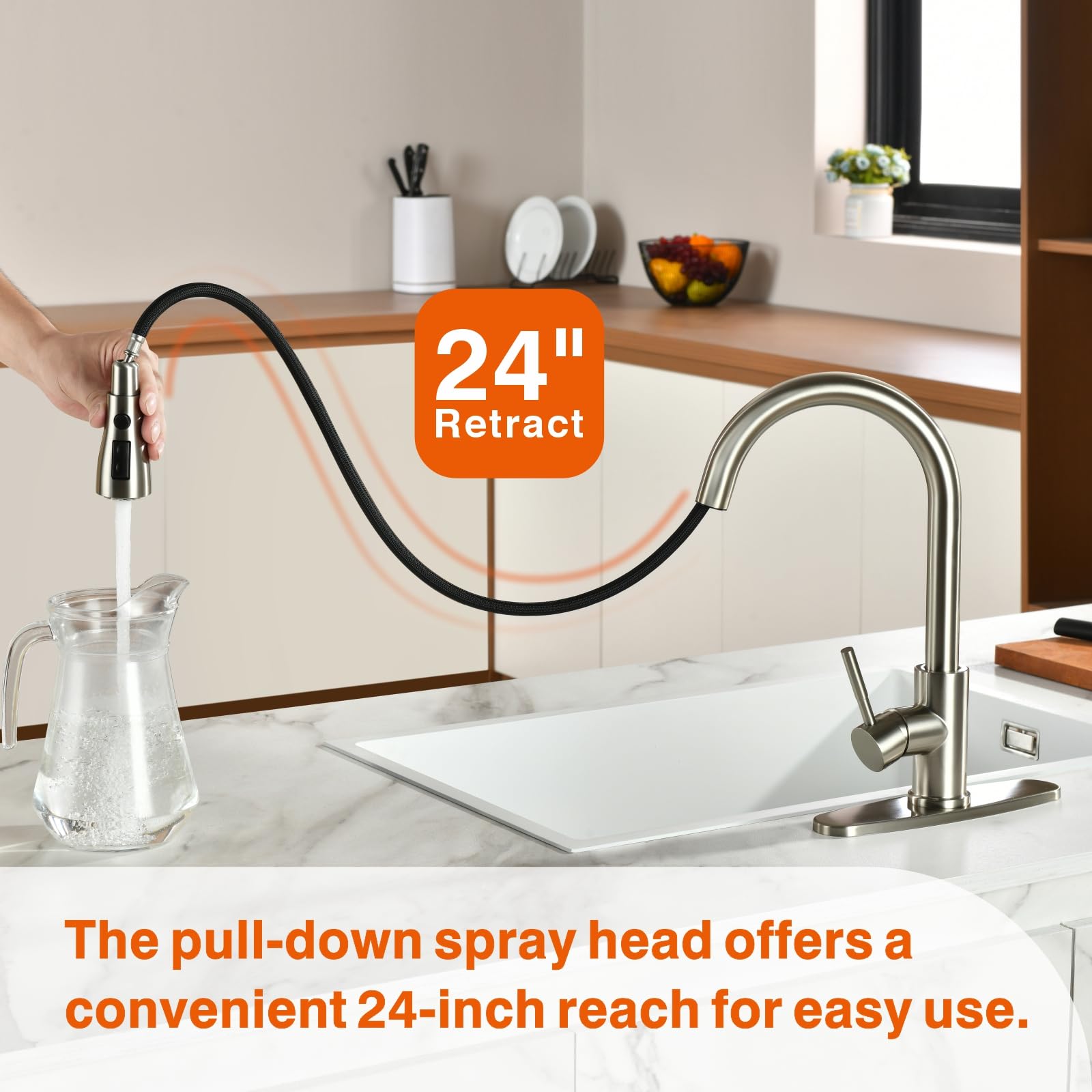 RULIA Kitchen Faucet, Kitchen Sink Faucet, Sink Faucet, Pull-Down Kitchen Faucets, Free Water Filter Included, Brushed Nickel, Stainless Steel, PB1020
