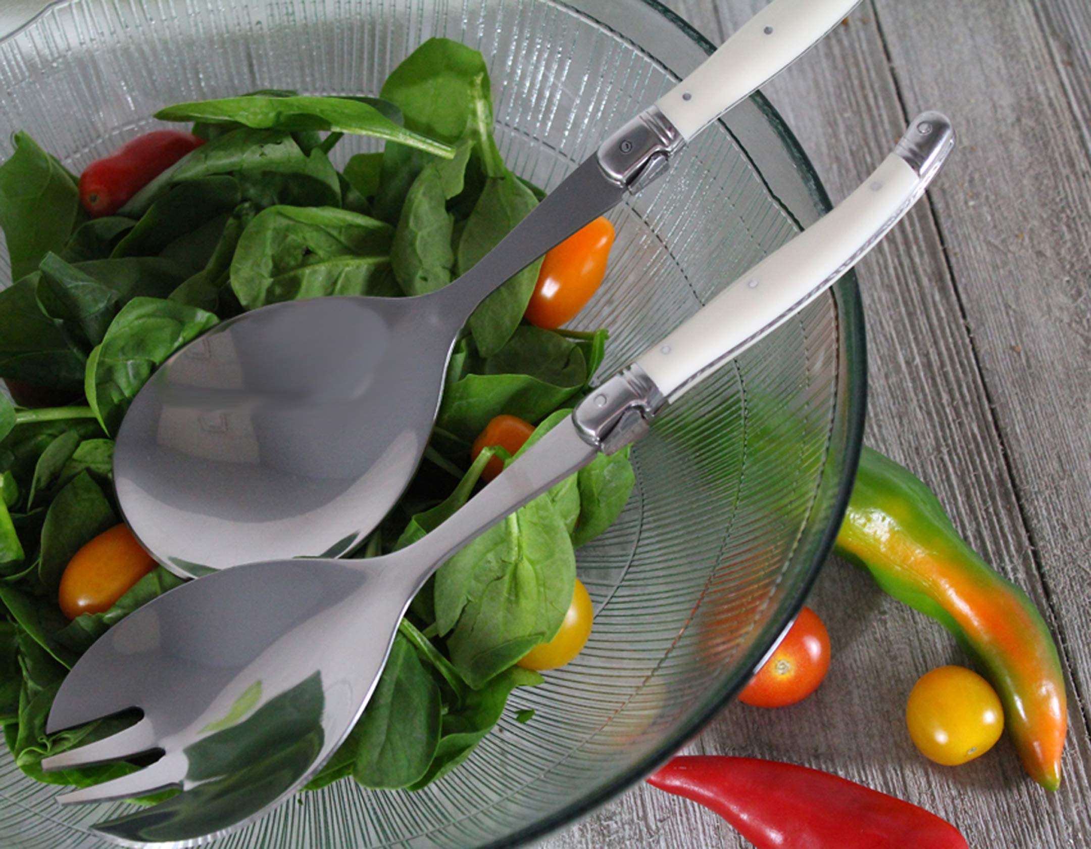 French Home Recycled Glass Birch Salad Bowl and Laguiole Servers with Faux Ivory handles.