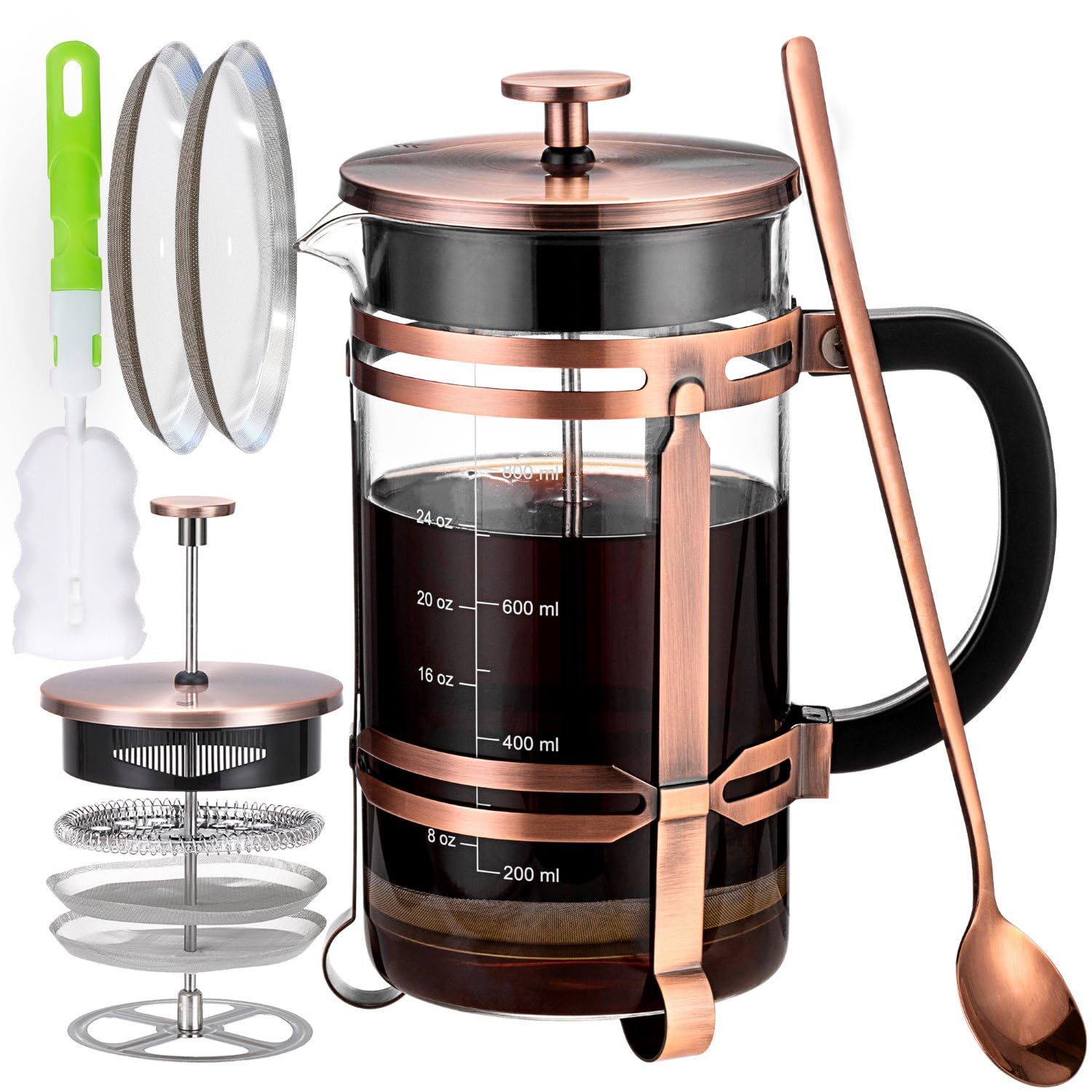 French Press Coffee Tea Maker(34oz),304 Stainless Steel Coffee Press with 4 Filters Screen-100% No Residue -German Heat-Resistant Borosilicate Glass- BPA FREE -Dishwasherable,Copper