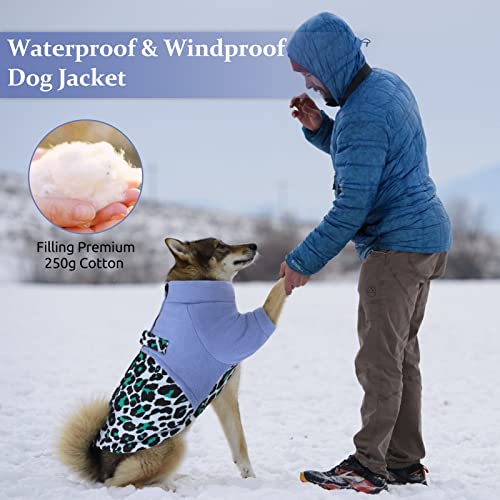 SAWMONG Fleece Dog Winter Coat, Leopard Waterproof Dog Jacket, Warm Thicked Dog Coat with Harness, Dog Vest Cold Weather Clothes Pet Apparel for Small Medium Large Dogs,Blue M