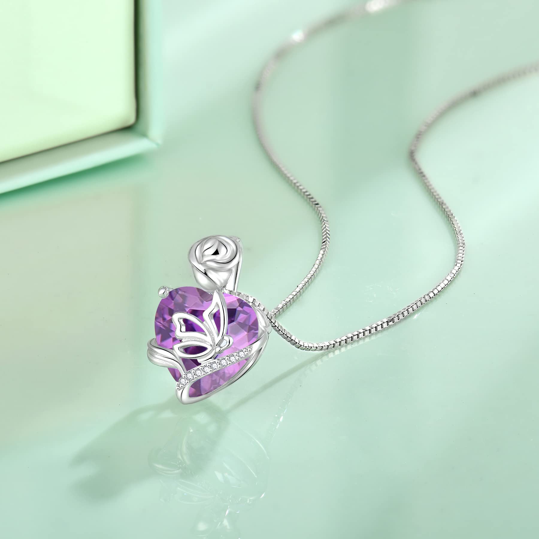 FJ Heart Rose Butterfly February Amethyst Birth Stone Sterling Silver Amulet Jewelry