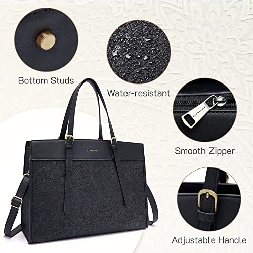 Missnine Laptop Bag for Women 15.6 inch Work Tote Bags PU Leather Professional Computer Briefcase for Office, Business,Black