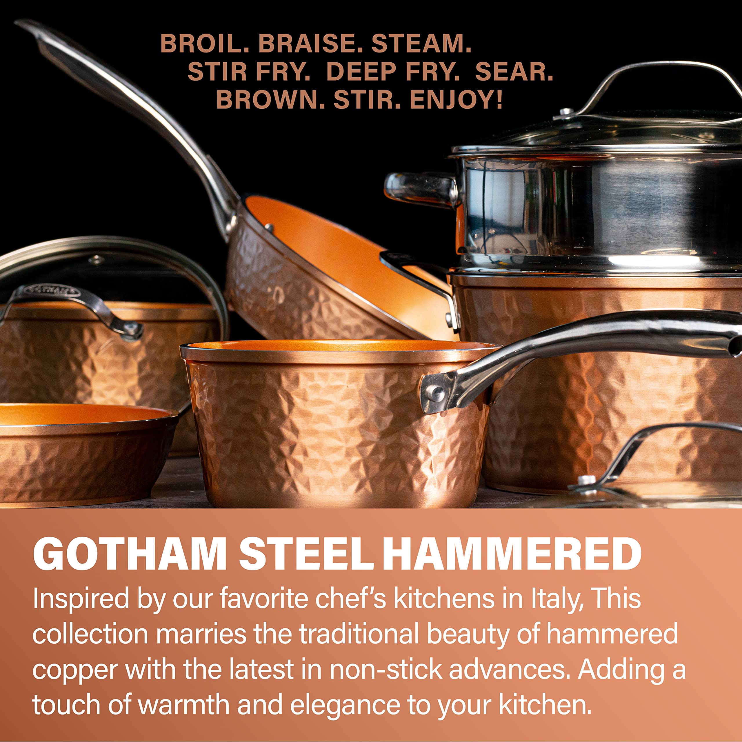 GOTHAM STEEL Hammered Copper Collection – 9.5” Nonstick Fry Pan Premium Cookware, Aluminum Composition with Induction Plate for Even Heating, 100% PFOA Free, Metal Utensil, Dishwasher & Oven Safe