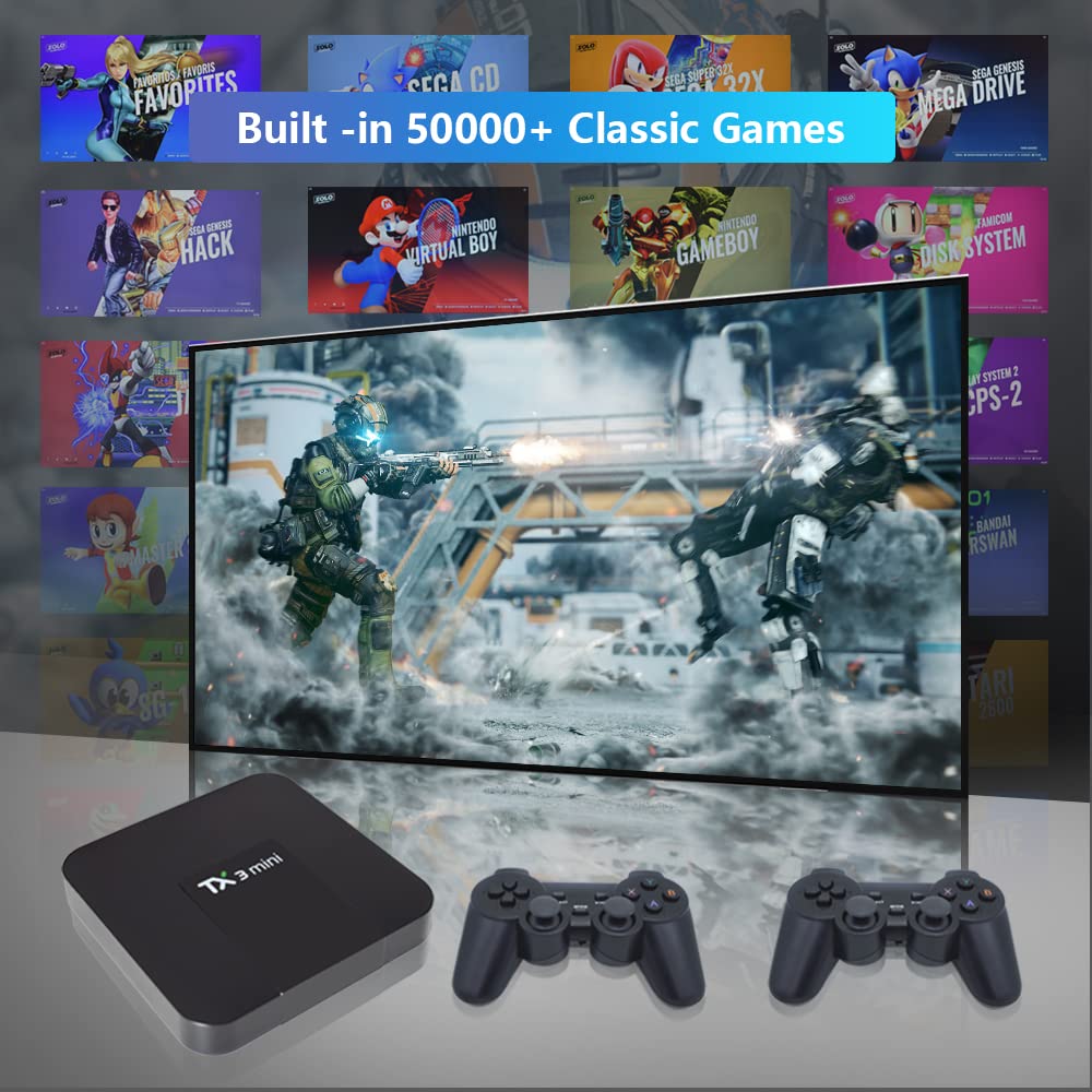 FRIGEDAEG TX3 Game Console with 50000+ Games ,Wireless Video Game Console for PC/TV/Projector,EmuELEC 4.3/Android 8.1/CoreELEC System 3 in 1, 4K HD Output,2.4G+5G Dual-Band WiFi. (128GB)