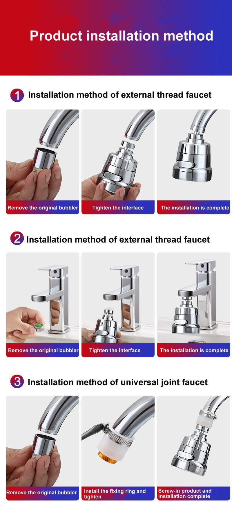 Faucet Water Filter, 360 ° Rotatable Faucet,Moveable Kitchen Tap, Splash Proof Filter, High Pressure Faucet Aerator Head Universal Copper Connector, 3 Adjustment Modes Faucet Sprayer (mid-length)