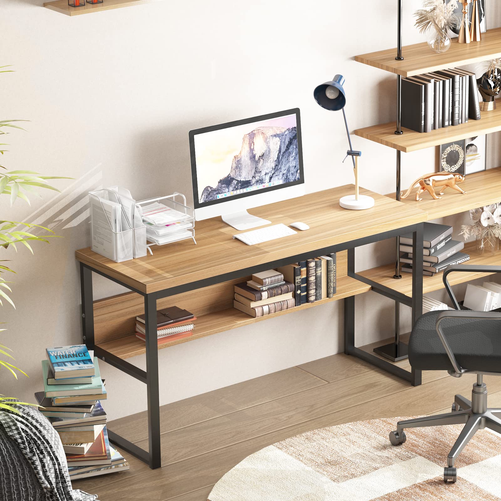 DlandHome 55 inch Computer Desk with Storage Shelf Underneath, Office Trestle Desk Desk, Writing Table Workstation Table with Bookshelf for Home Office, LD-JB01OK