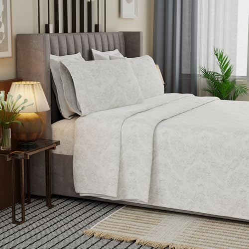 Color Sense Hotel Percale Cotton Rich Sheets, Gray Paisely Full Size Bed Sheet, Wrinkle-Resistant, Brushed for Extra Softness, Luxury Bed Sheets Full, Elasticized Deep Pocket Bedding Set