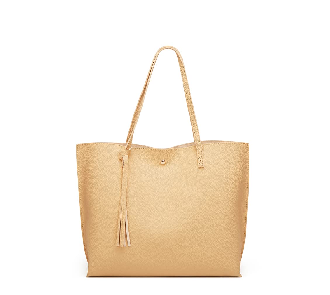 Dreubea Women's Soft Faux Leather Tote Shoulder Bag from, Big Capacity Tassel Handbag Tan