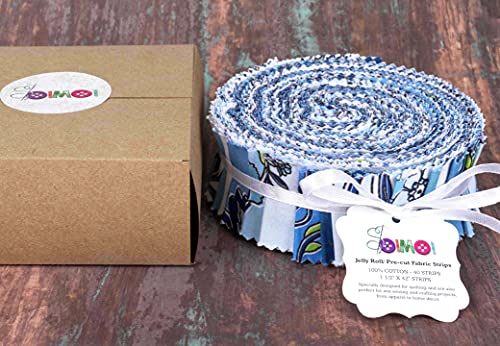 Soimoi 40Pcs Block Print Precut Fabrics Strips Roll Up 1.5x42inches Cotton Jelly Rolls for Quilting - Blue
