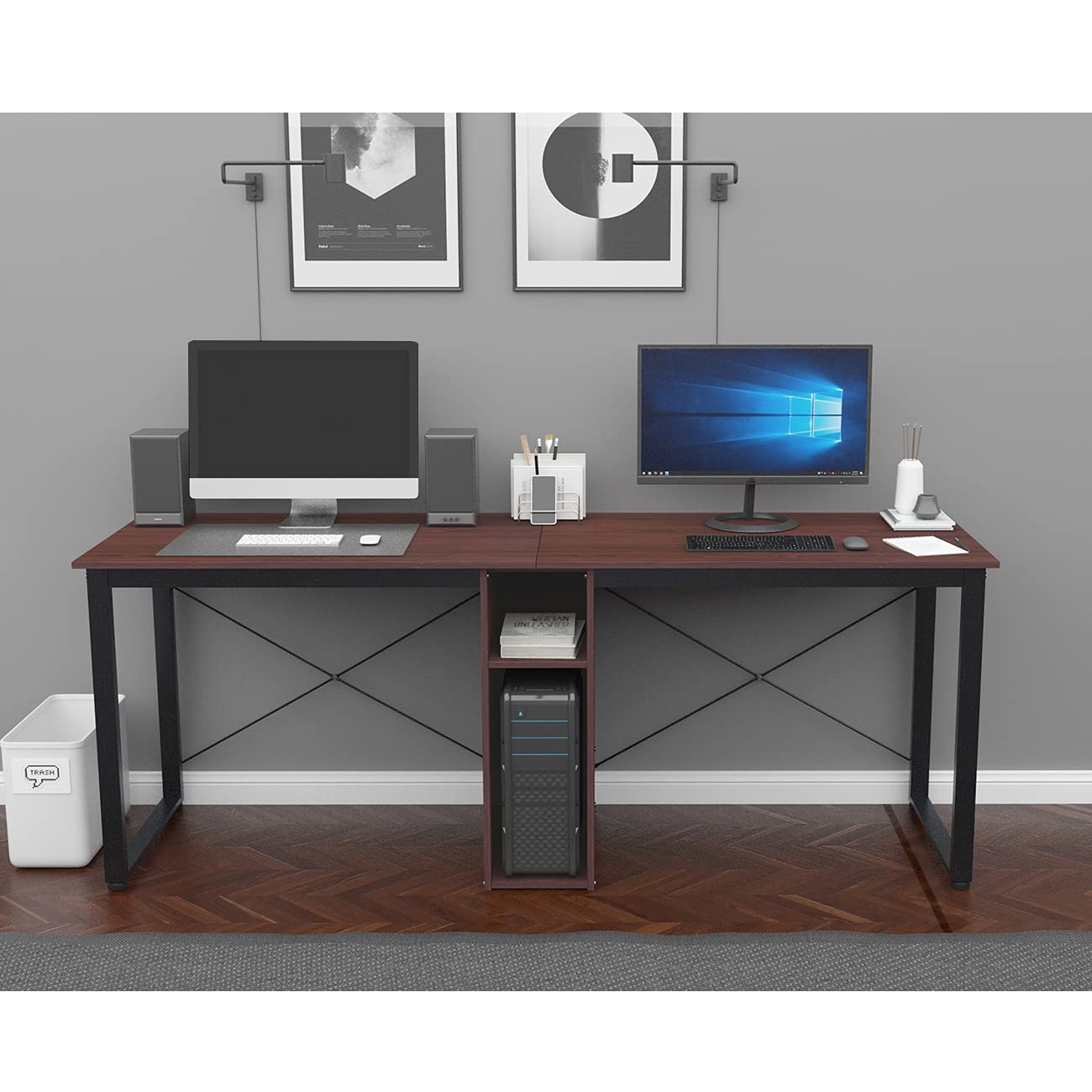 DlandHome Double Computer Storage Desk 78 inches Extra Large Home Office Desk Multifunction Gaming Table Workstation for Home Office, Walnut LD-H01WA
