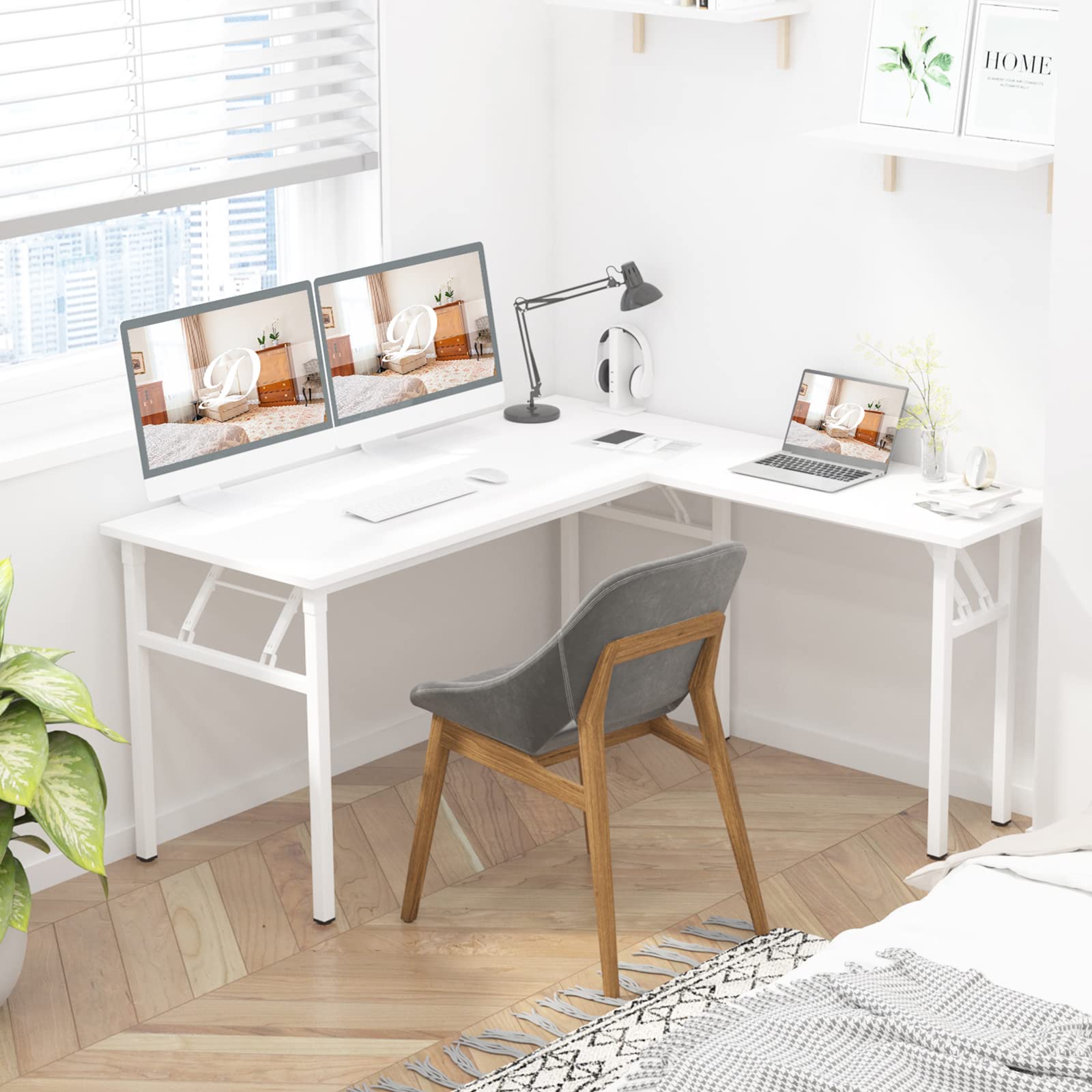 DlandHome Reversible L-Shaped Desk Large Corner Desk Folding Table Computer Desk Home Office Table Computer Workstation, Teak DND-ND11-TB