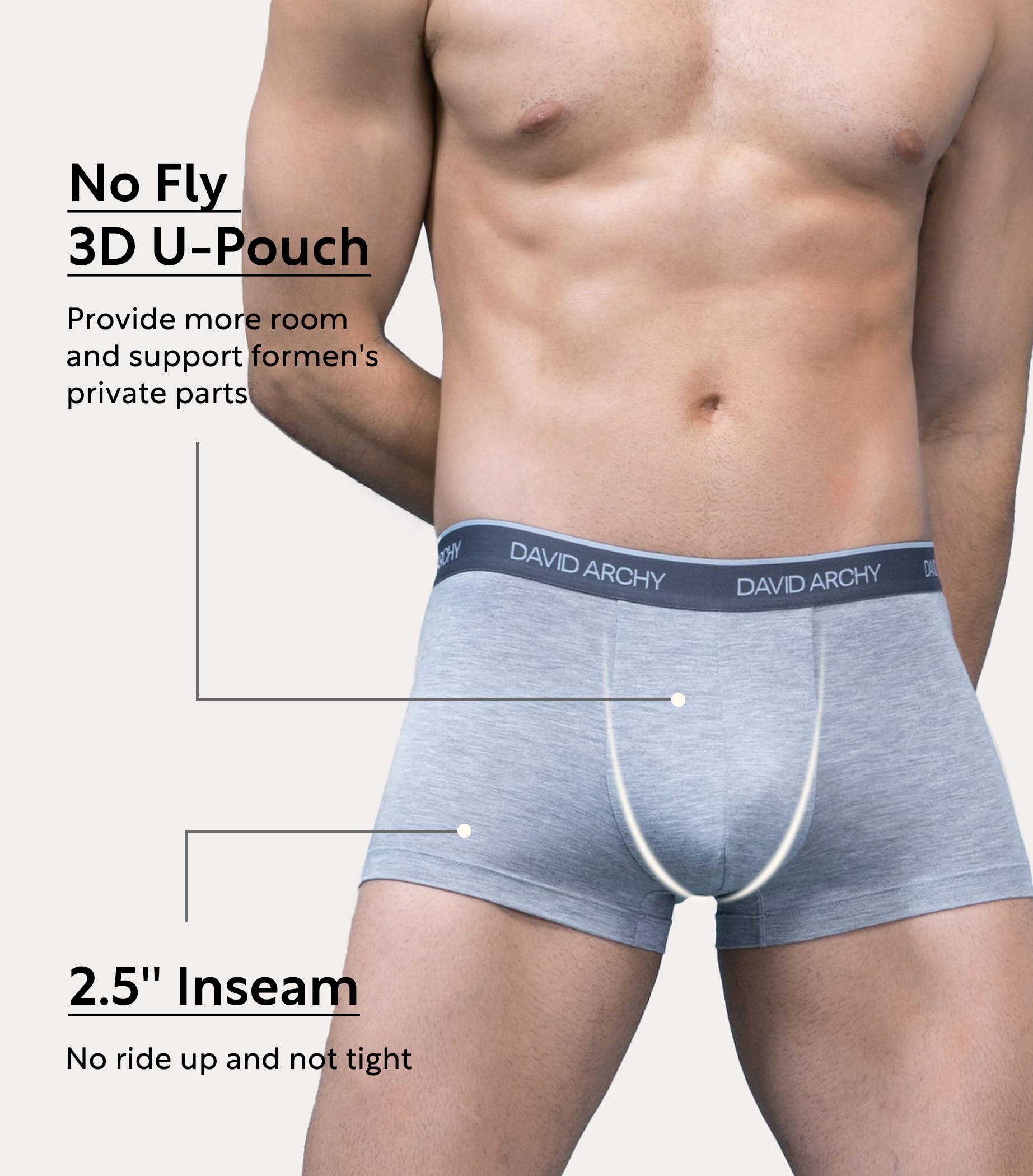 DAVID ARCHY Mens Trunks Underwear Soft Breathable Rayon Made from Bamboo Trunk No Fly Pouch 4-Pack L 2.5''