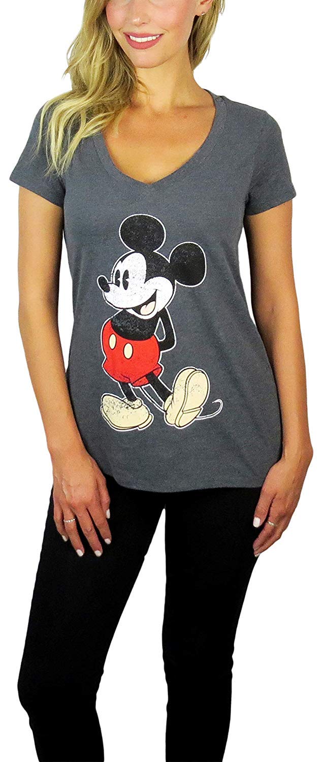 Disney Womens Mickey Mouse Stand V-Neck Tee (as1, alpha, x_l, regular, regular, Charcoal)