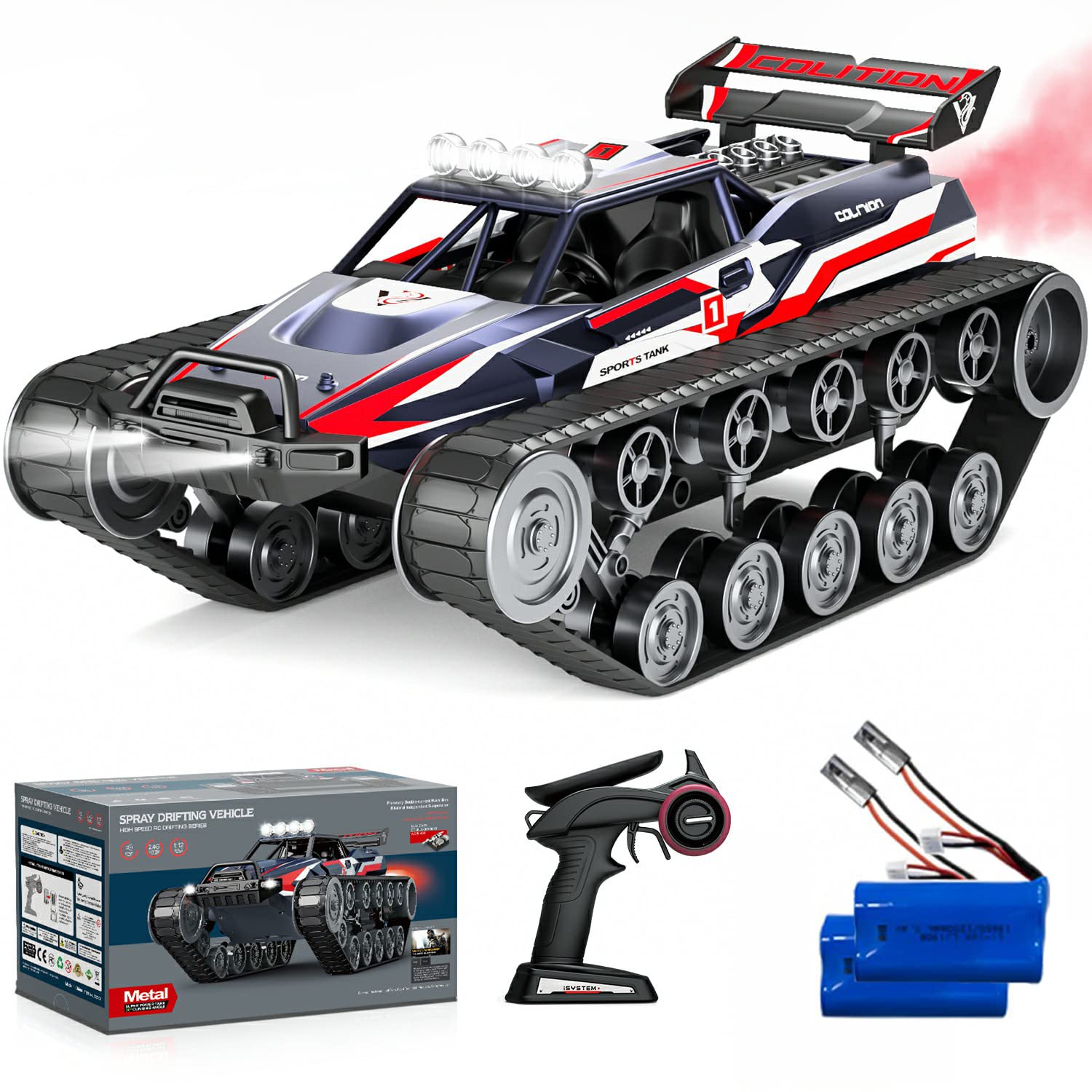 Gamegood 1:12 Scale High Speed Remote Control Tank,2.4Ghz RC Rock Crawler Off-Road 4WD 360°Rotating Drifting Car Spraying LED Light RC Tank for Kids