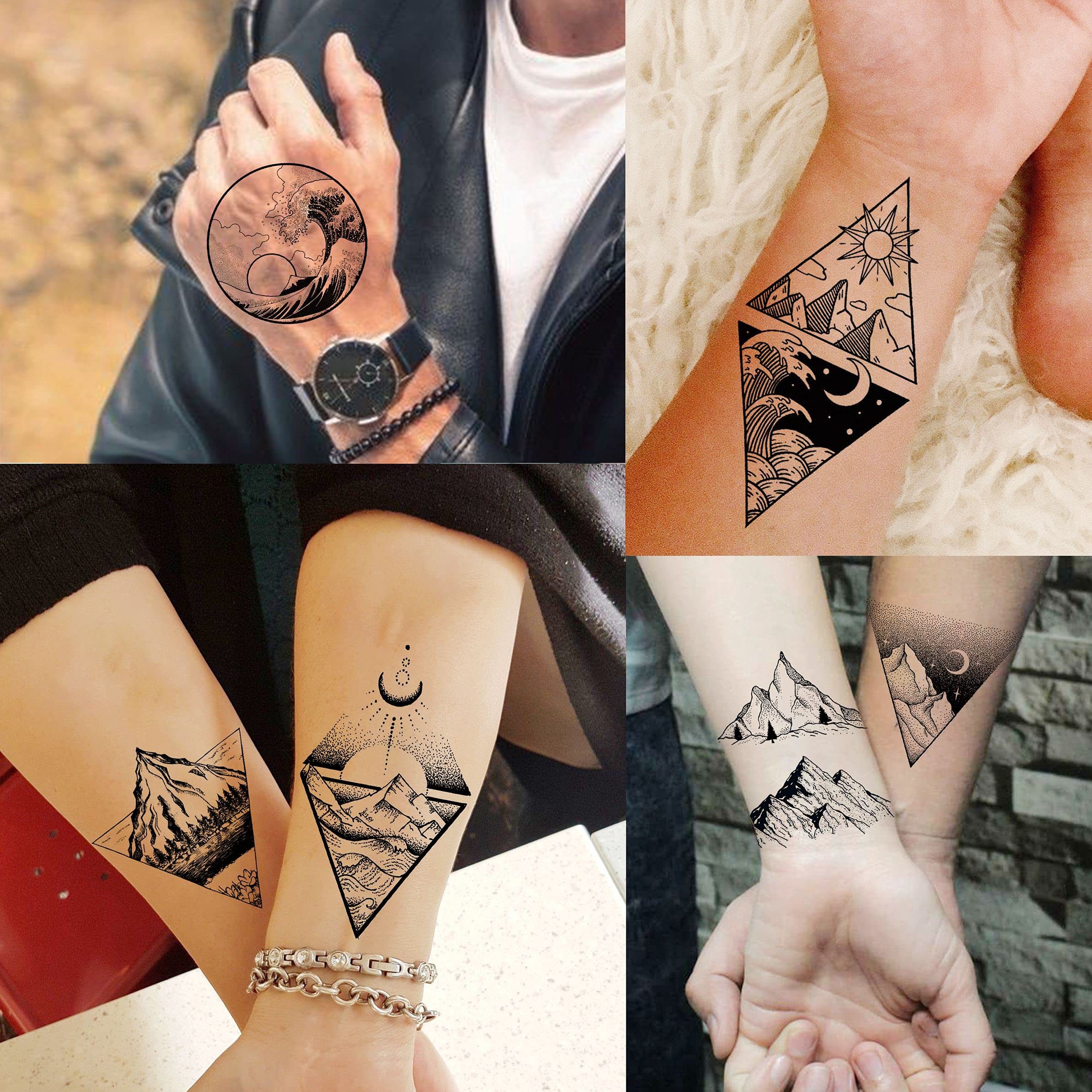 GOROMON 52 Sheets Small Black Mountain Temporary Tattoos For Men Women Adult, Geometric Sea Weave Forest Pine Tree Realistic Tattoo Sticker For Kids Children, Moon Sun Star Triangle Tatoos Outer Space