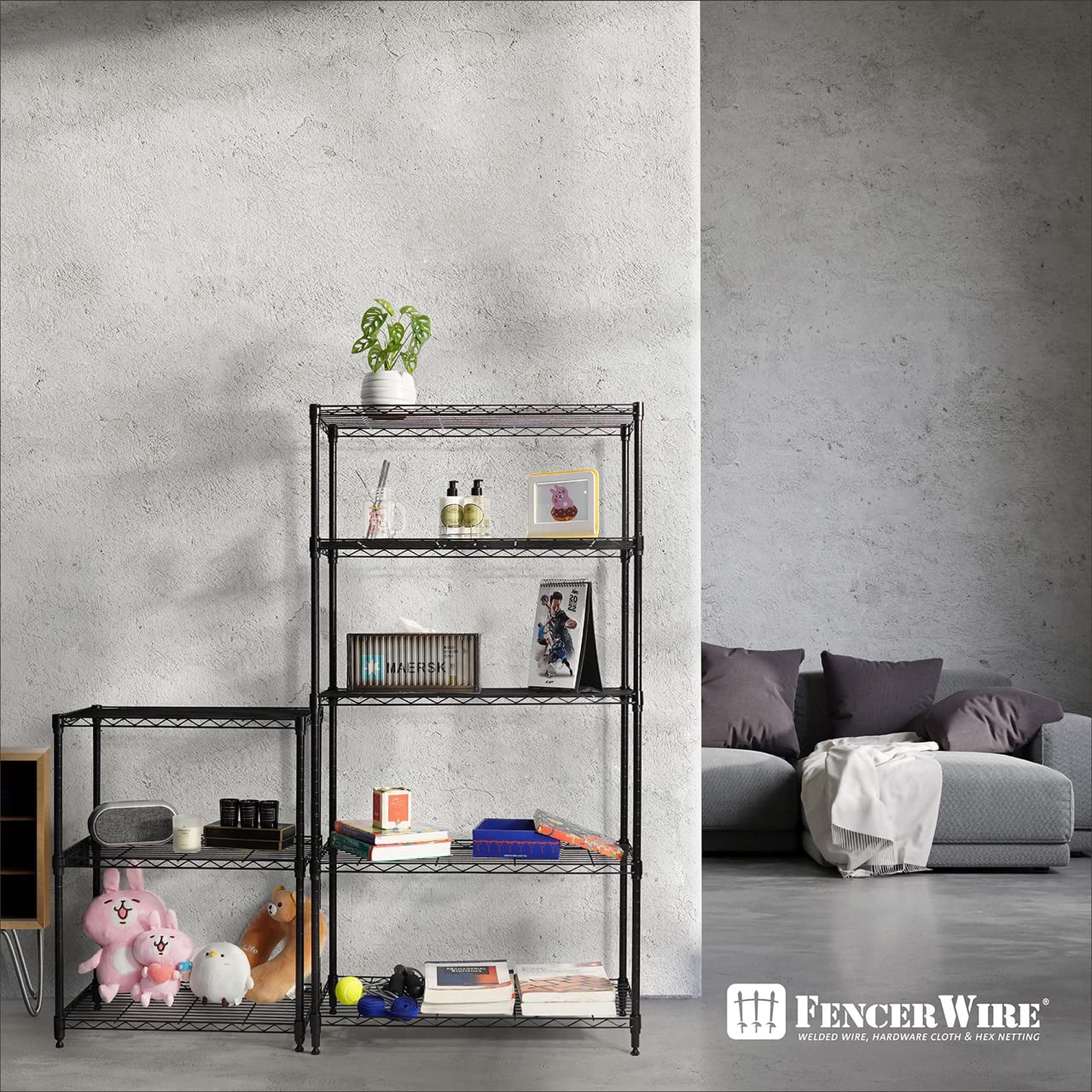 Fencer Wire 4/5-Tier Adjustable Height Wire Shelving Unit, Garage Shelving Storage Organizer, Wire Rack Shelving, Metal Steel Storage Shelf, Utility Storage Shelf with Leveling Feet and Wheels, Black