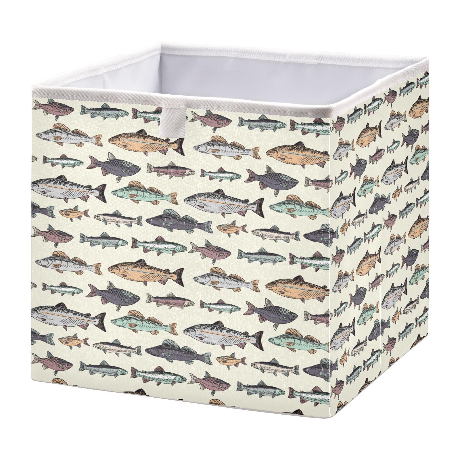 Emelivor Vintage Fishes Cube Storage Bin Fabric Storage Cubes Large Storage Baskets for Shelves Collapsible Cube Organizer Bins for Shelves Nursery Closer Bedroom Home,11 x 11inch