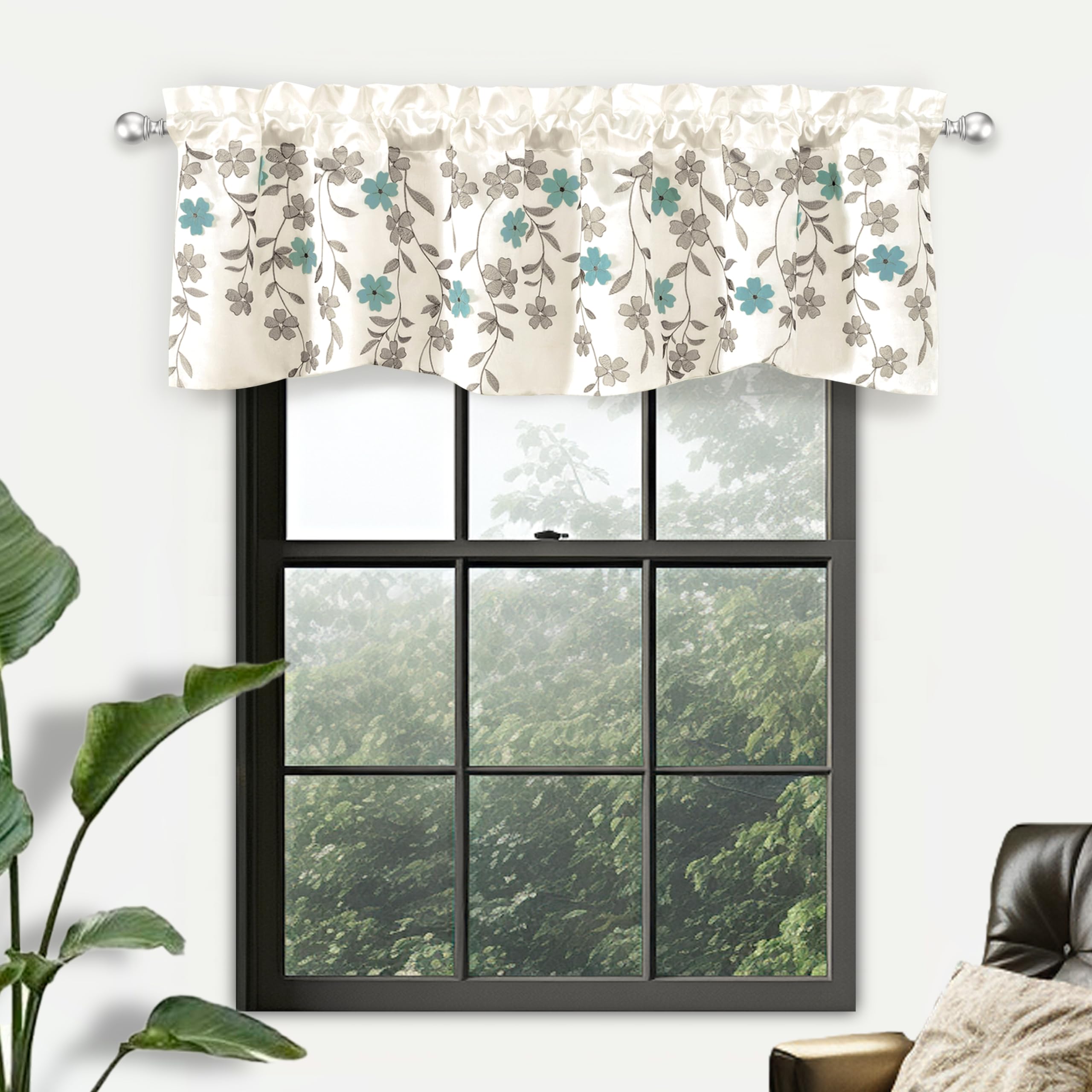 DriftAway Isabella Faux Silk Embroidered Kitchen Swag Valance Embroidered Crafted Flower 2 Pack 60 Inch by 18 Inch Plus 1.5 Inch Header Ivory Blue