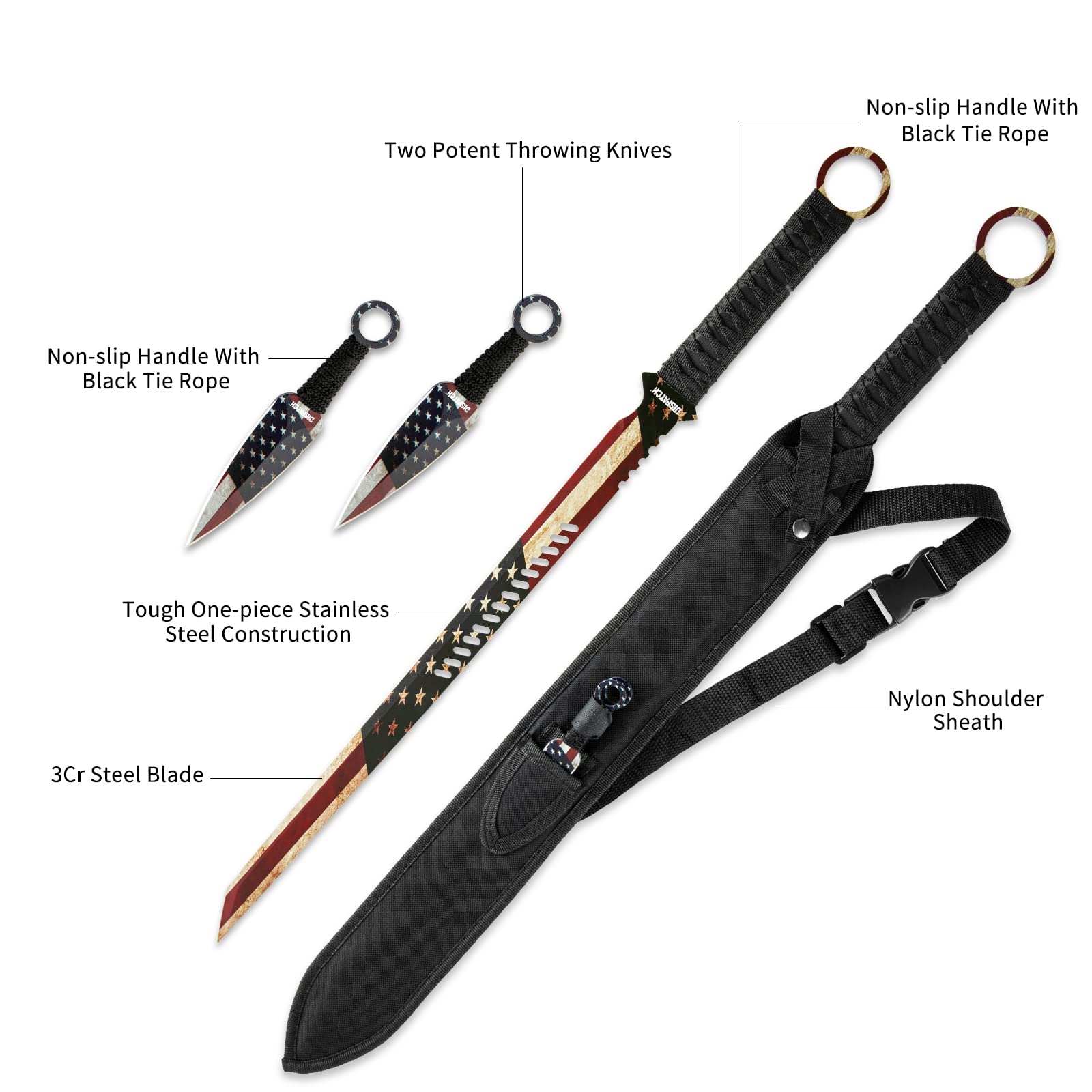 Dispatch Full Tang Tactical Katana Ninja Sword Machete Fixed Blade Combat Stainless Steel Blade with Sheath for Hunting, Outdoor Camping, Survival