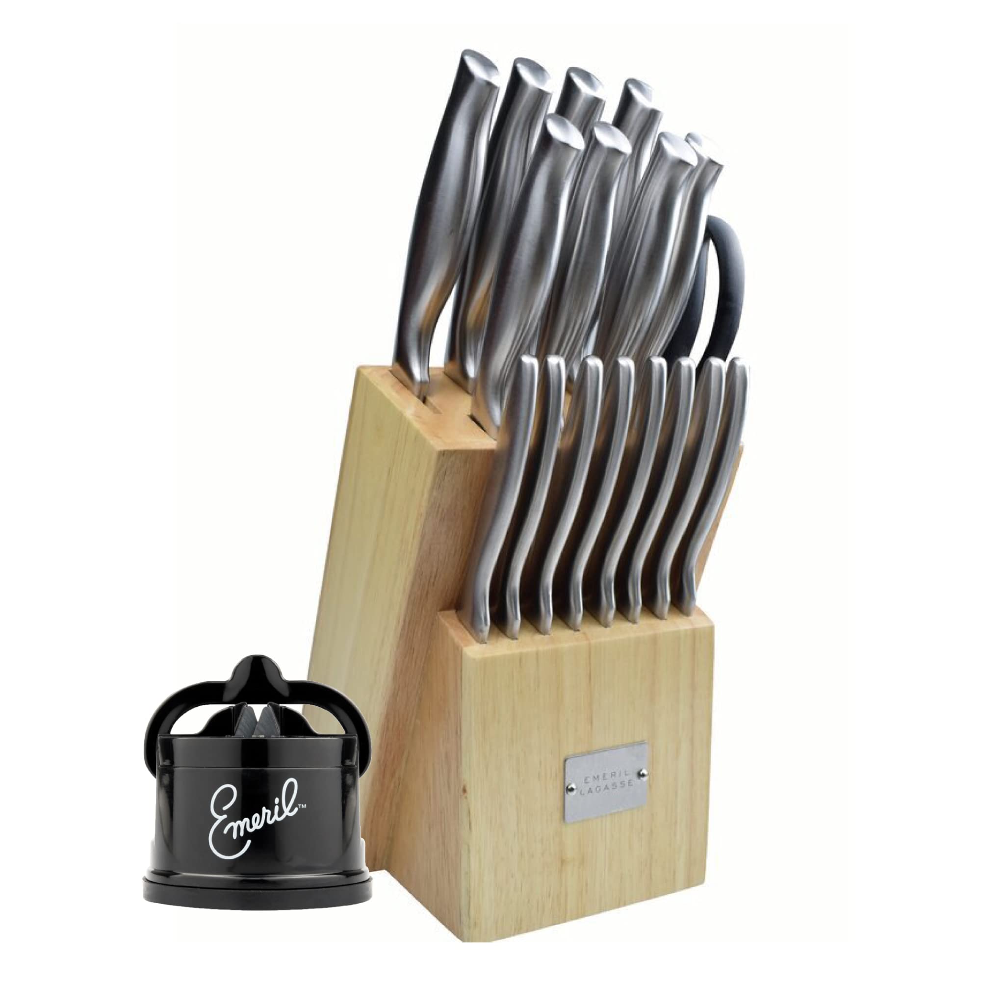 Emeril Lagasse 18-Piece Knife Block Set (Natural) + Tungsten Carbide Knives Sharpener with Suction Pad (Red) - Best Kitchen Silverware Cutlery Collection - Stainless Steel Hollow Handle