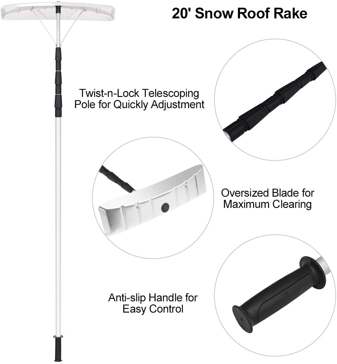 Hysache Snow Roof Rake, 21ft Aluminum Roof Rakes for Snow Removal with Twist-N-Lock Telescoping Design, 6" x 25" Blade, Snow Removal Tool, Extendable Snow Rake for Snow/Wet Leaf/Dribs, Rooftop