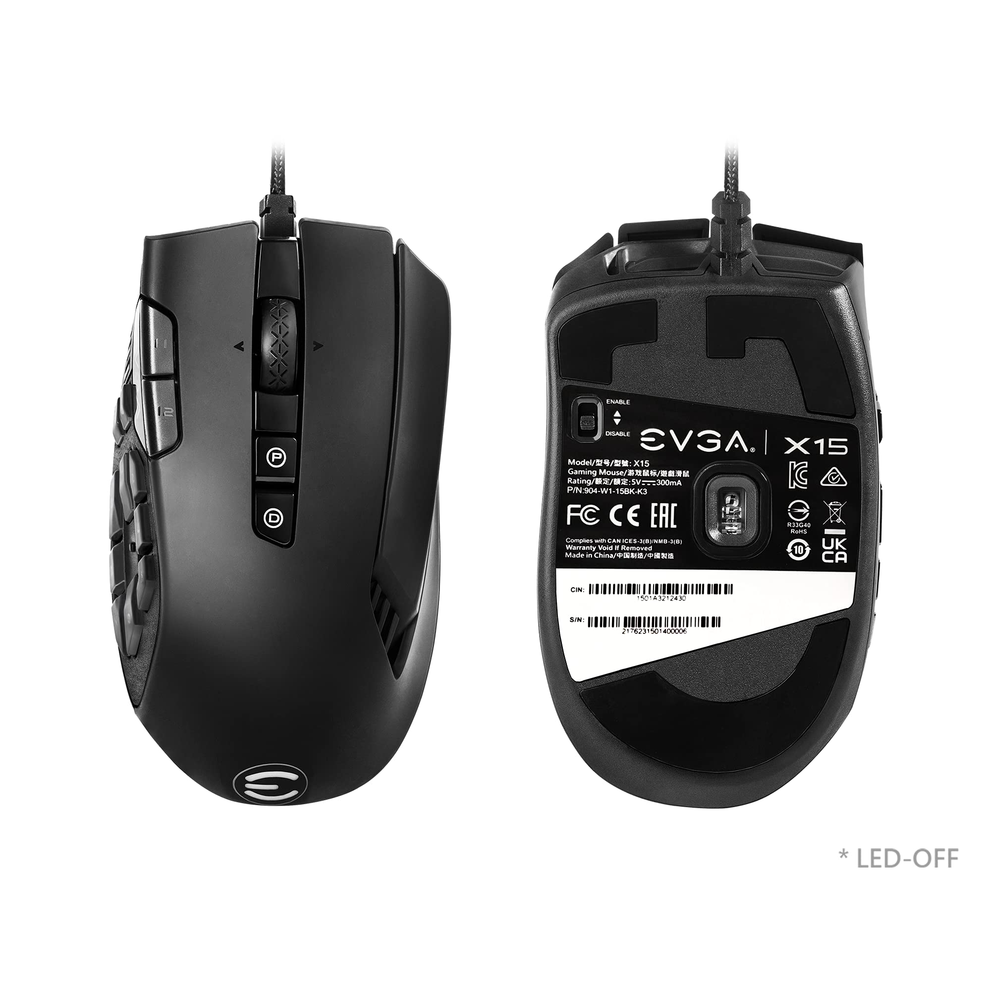 EVGA X15 MMO Gaming Mouse, 8k, Wired, Black, Customizable, 16,000 DPI, 5 Profiles, 20 Buttons, Ergonomic 904-W1-15BK-K3