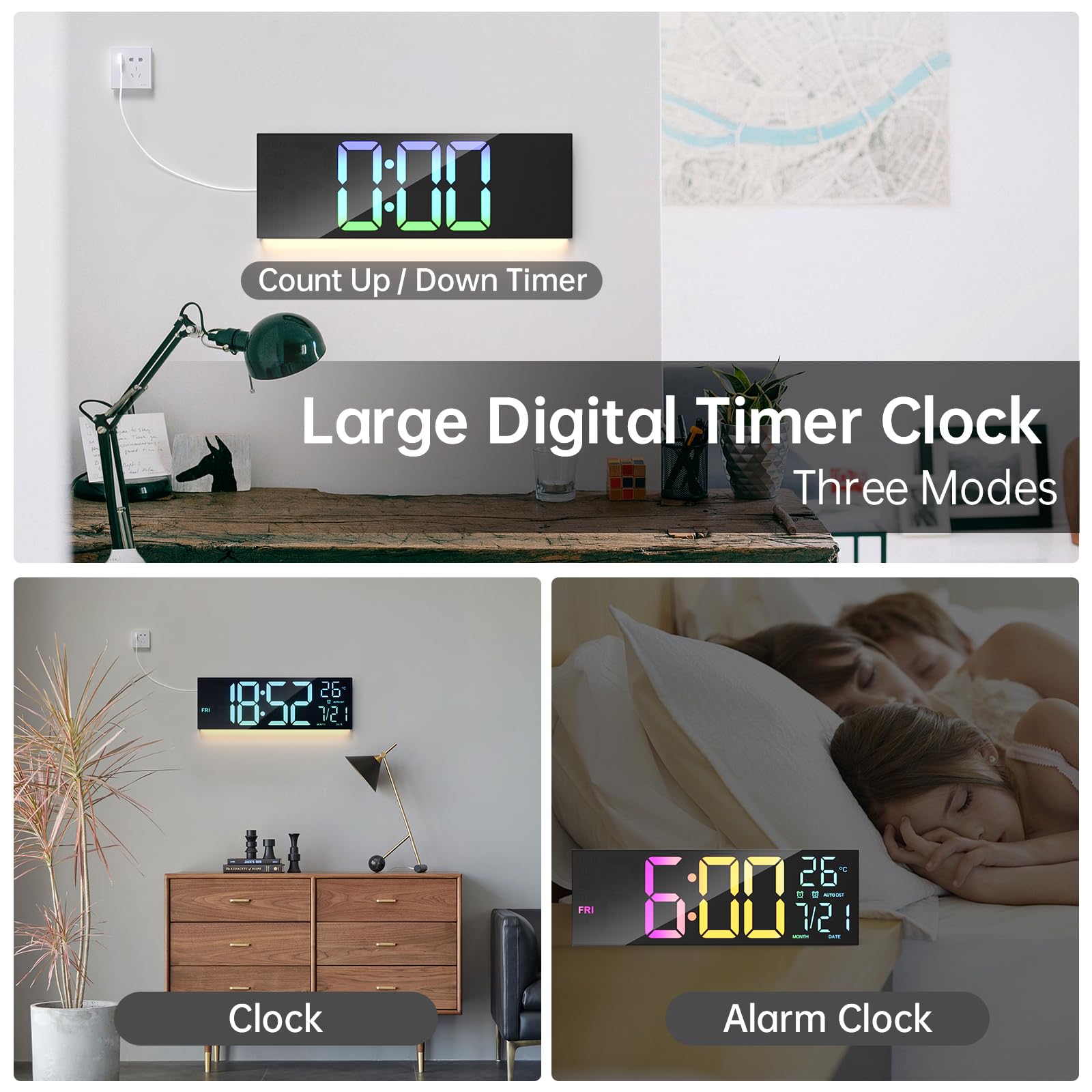 Digital Wall Clock Large Display, 16.2" Digital Wall Clock with RGB Color Changing Remote Control, Automatic Brightness Dimmer with Night Lights, Auto DST, Date Week,Temperature