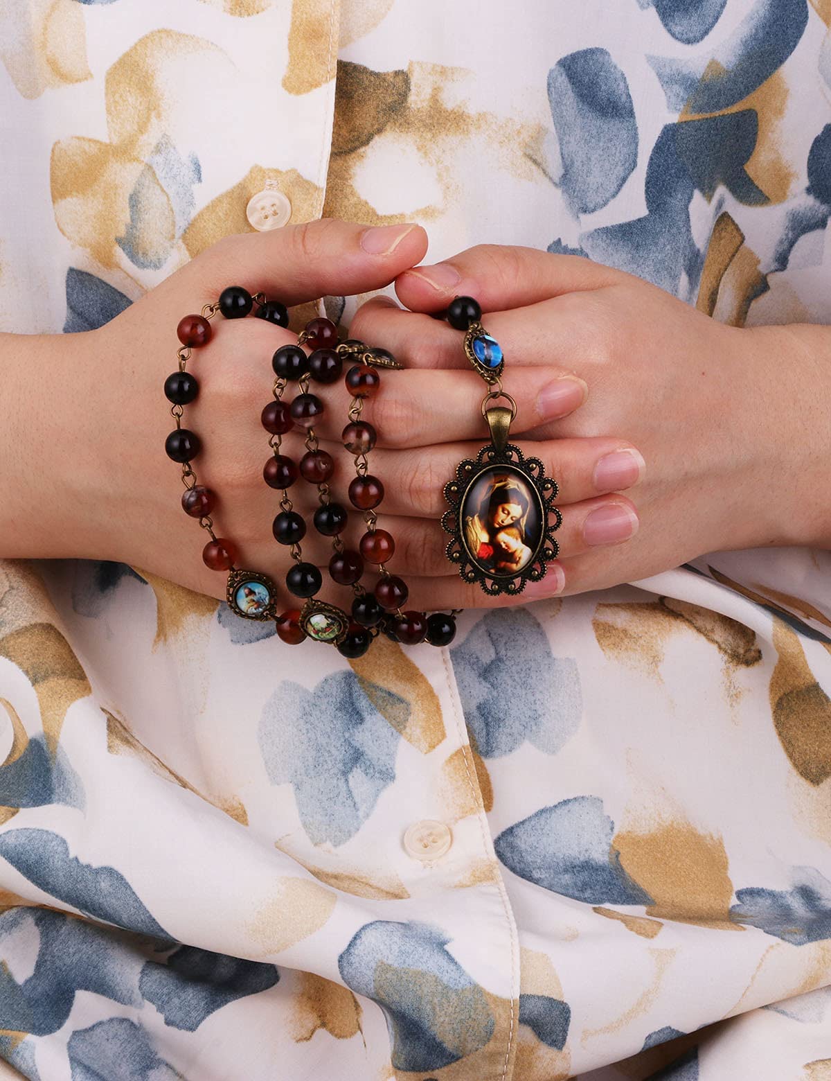 diyalo Servite Rosary of the Seven Sorrows 7 Prayer Beads Chain Religious Holy Blessed Virgin Mary Pendant Y-Necklace (Dark Brown Agate Beads)