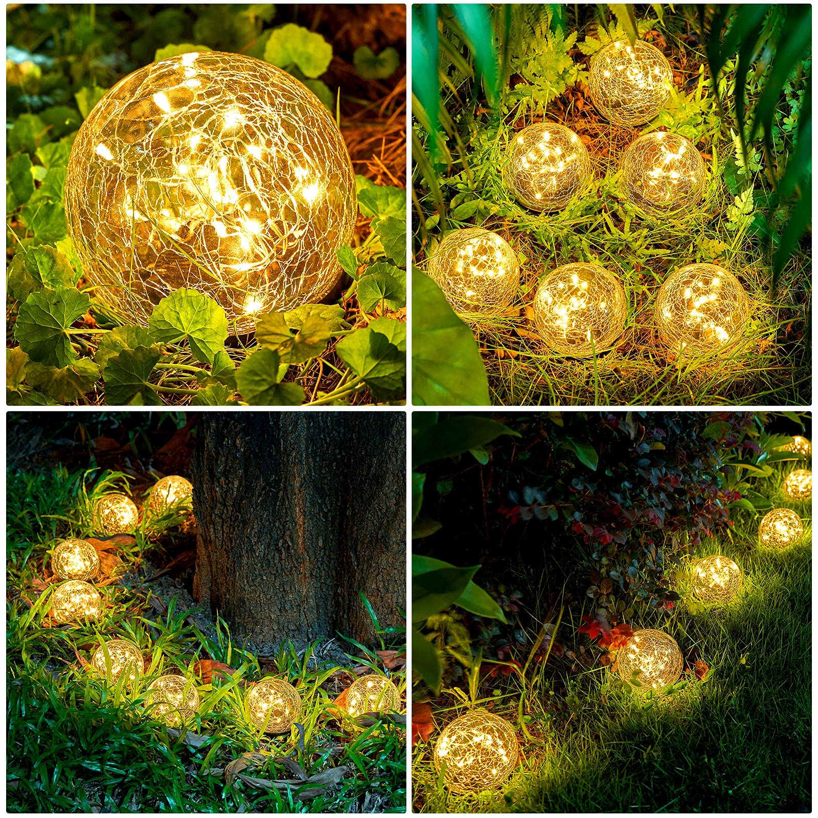Honoson Solar Lights Outdoor Garden Globe Light Cracked Glass Ball Yard Decor Waterproof Warm White Led Solar Light Decorative Solar Ball Garden Decor for Backyard Lawn Ornament (3.9 Inch,4 Pieces)