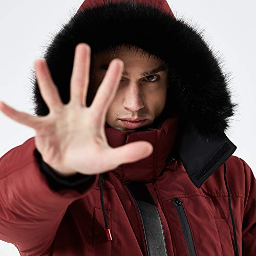 WEEN CHARM Men's Warm Parka Jacket Anorak Jacket Red Winter Coat with Detachable Hood Faux-Fur Trim