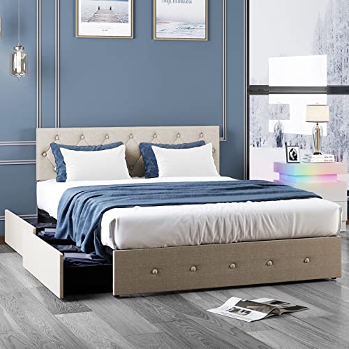 Mixoy Bed Frame with 4 Storage Drawers and Headboard,Cal King Size Upholstered Bed Frame with Curved Button Tufted,Rhombic Stitched,No Box Spring Needed/Easy Assembly/No Mattress(Cal King,Beige)