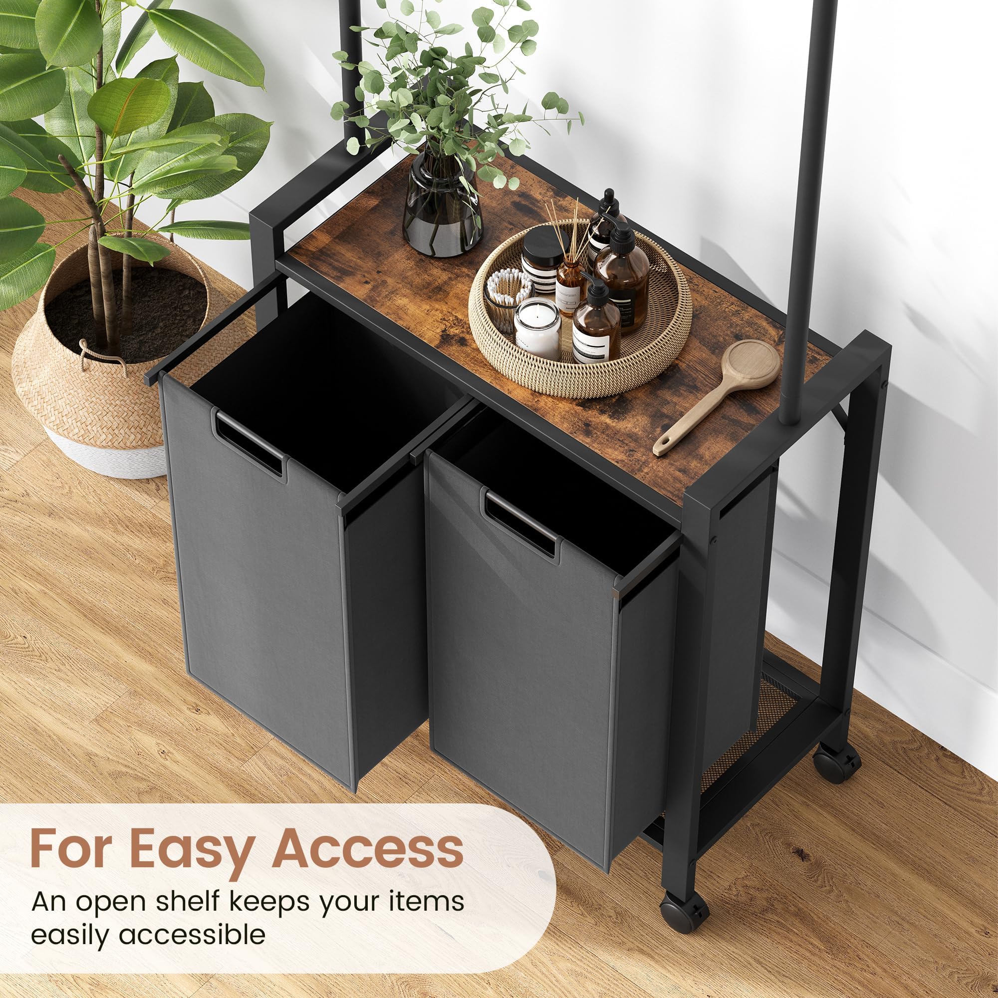 Laundry Hamper Cart with Hanging Bar, 2 x 13 Gal Laundry Sorter, 2 Removable Bags Laundry Baskets with Wood Top Table & Wheels, Laundry Sorter for Laundry Room Organization