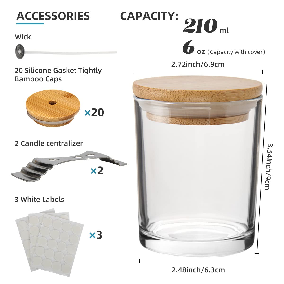 Daofary 20 Pack 6 OZ Candle Jars for Making Candles, Glass Candle Jars with Lid, Clear Empty Candle Jars with Candle Wicks, Wicks Stickers and Metal Centering Devices for Adults
