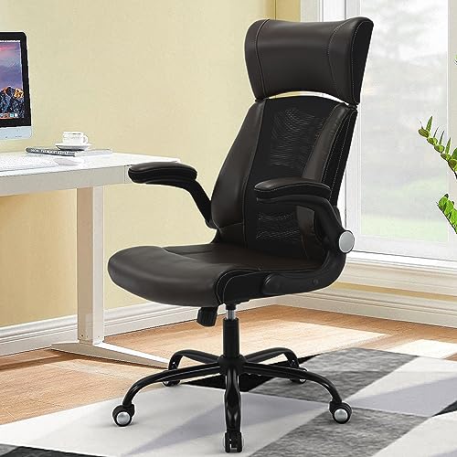 Executive Office Chair, Home Office Ergonomic Leather Desk Chair - Widened Adjustable Headrest with Flip-Up Arms, High Back Computer Swivel Task Chair with Lumbar Support (Brown)