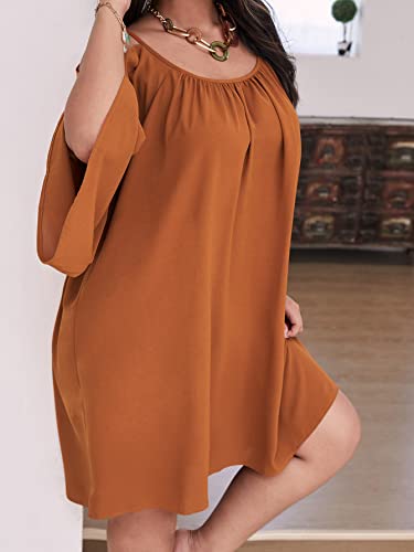 SOLY HUX Women Plus Size Summer Dress Cold Shoulder Short Sleeve Casual Loose Short Dresses Brown 1XL