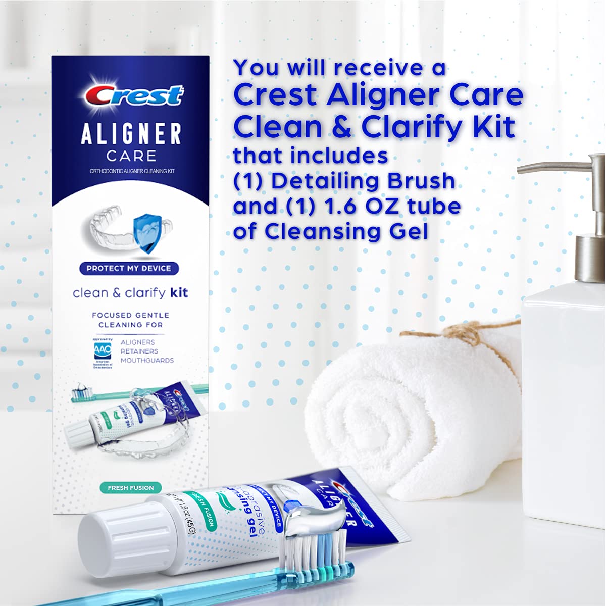 Crest Aligner Care Clean & Clarify Kit, Brush and 1.6 oz Cleansing Gel for Aligners, Retainers, Mouthguards