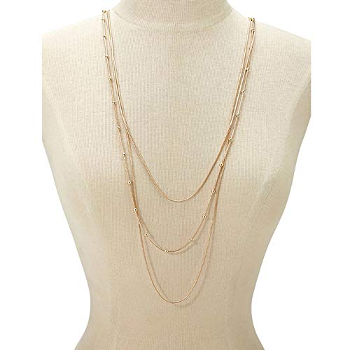 COLORFUL BLING Multilayer Choker Long Chain Tassel Pendant Necklace for Women Beads Necklace Long Bar Charm Chain Jewelry (A Gold three layer)