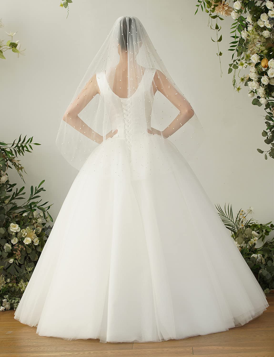 ELAWBTY Womens 1 Tier Fingertip Length Pearl Wedding Bridal Veil With Comb X06 Ivory