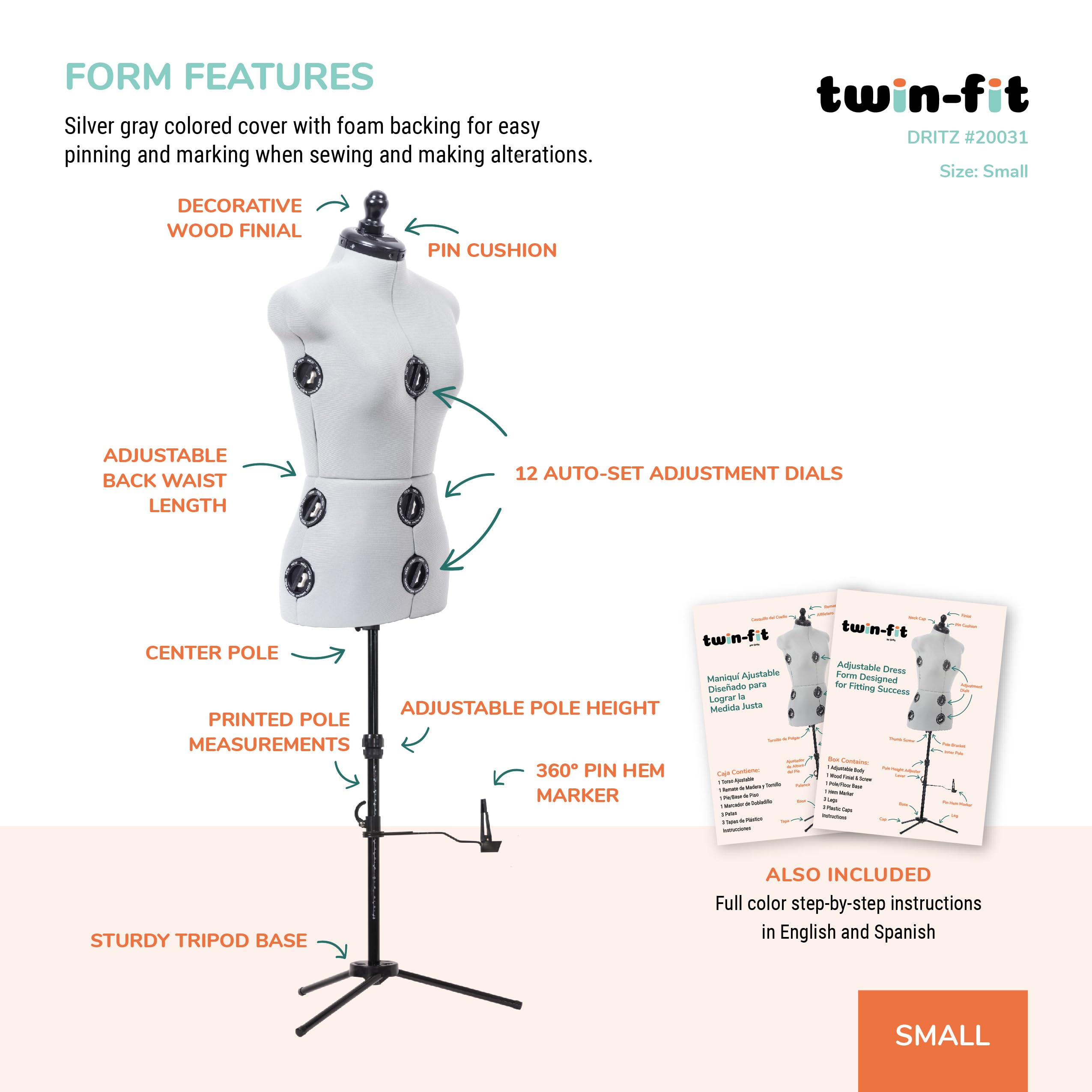 Dritz Twin-Fit Adjustable Dress Form, Small, Silver Gray