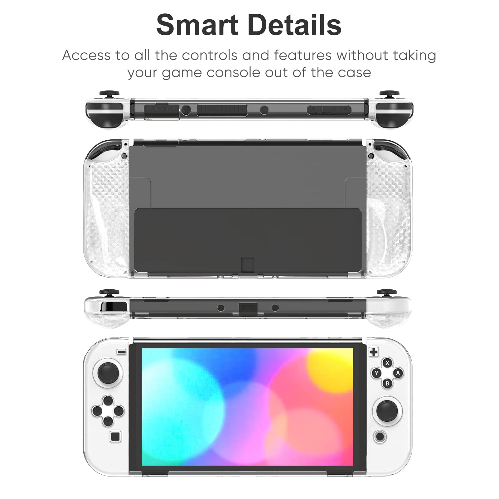 Dockable Case for Nintendo Switch OLED Model with Screen Protector Thumb Grips Cap, MENEEA Clear TPU + PC Cover Hollow Shell Compatible with Joy-Con OLED & Console, Fit the Dock Station