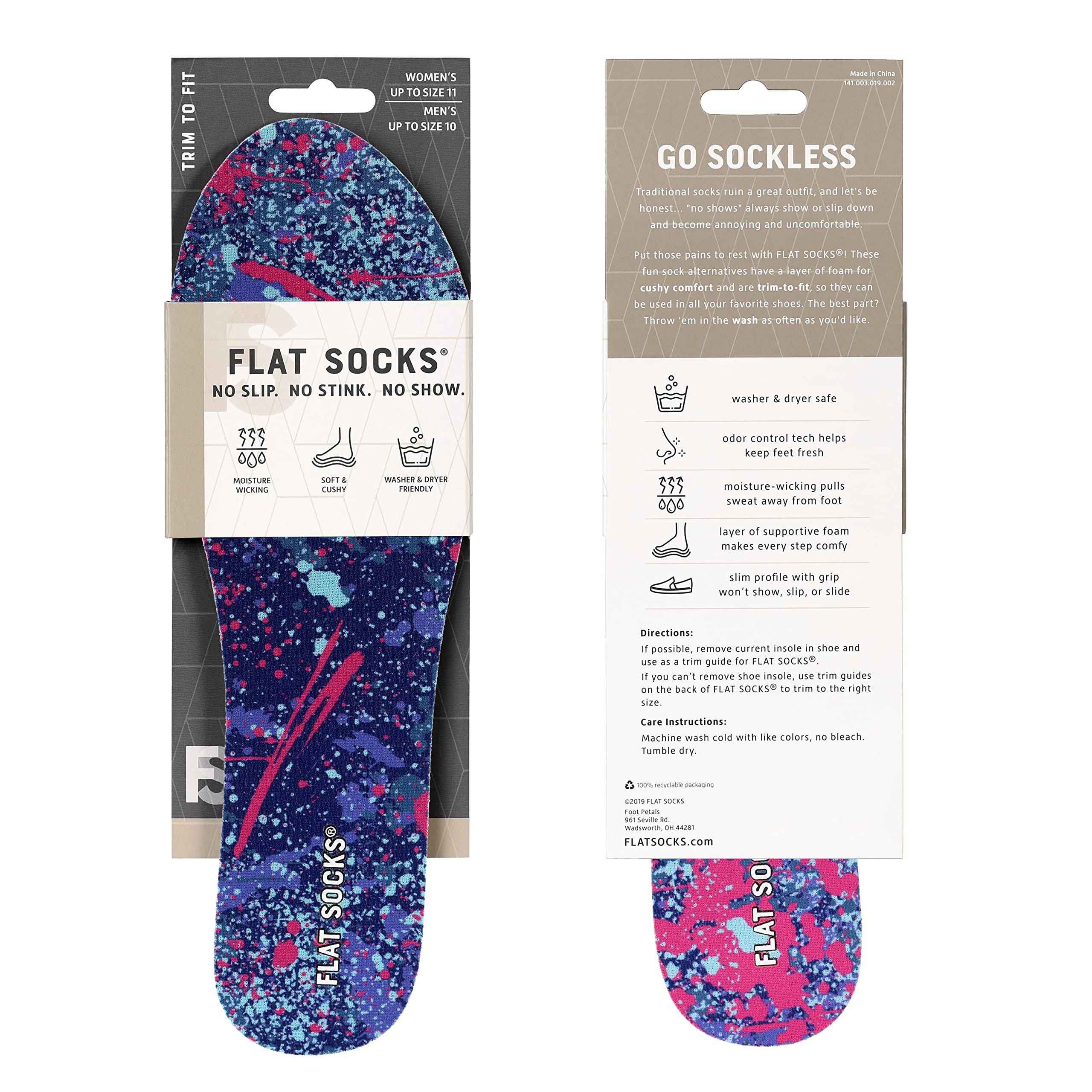 FLAT SOCKS No Show Socks, Sockless Shoe Liner, No Slipping, No Stinking, Washable Barefoot Shoe Insert for Men and Women, Neon Explosion, Large