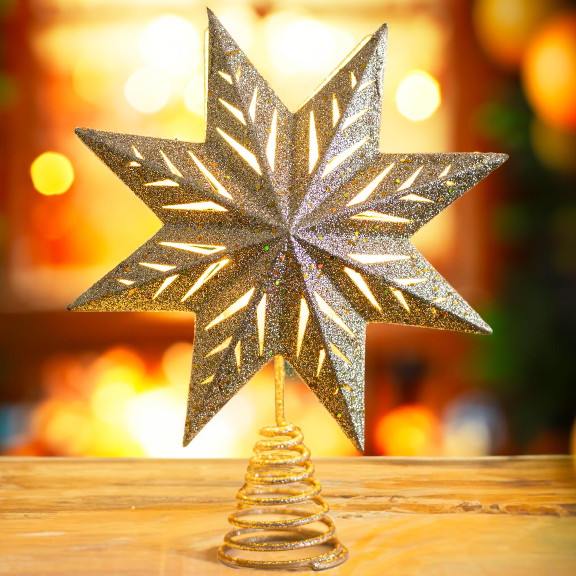Dazzle Bright Christmas Tree Topper with LED Snowflake Projector Lights for Holiday Decorations (Gold)