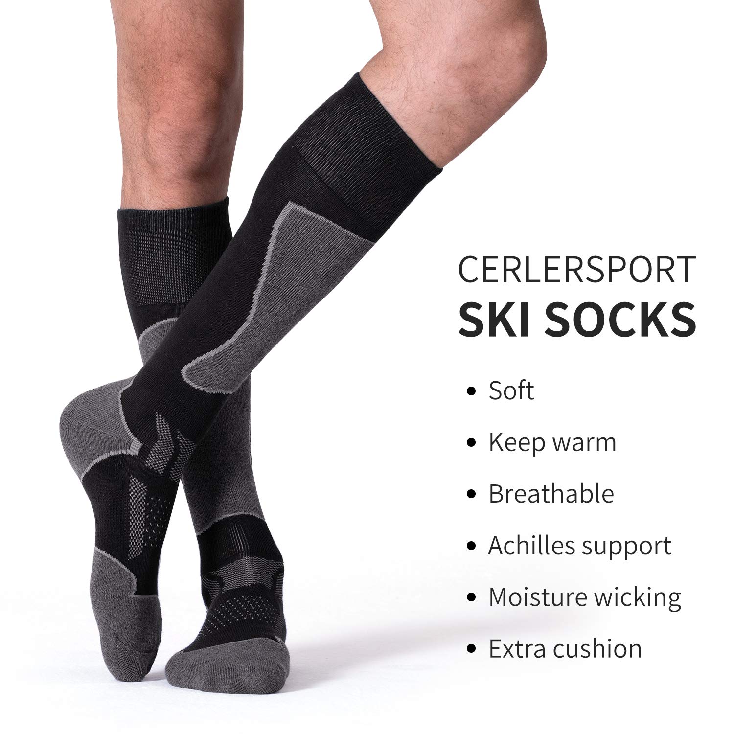 CS CELERSPORT 2 Pack Ski Socks for Men and Women Skiing, Snowboarding, Cold Weather, Winter Performance Socks, Black+Grey, Medium